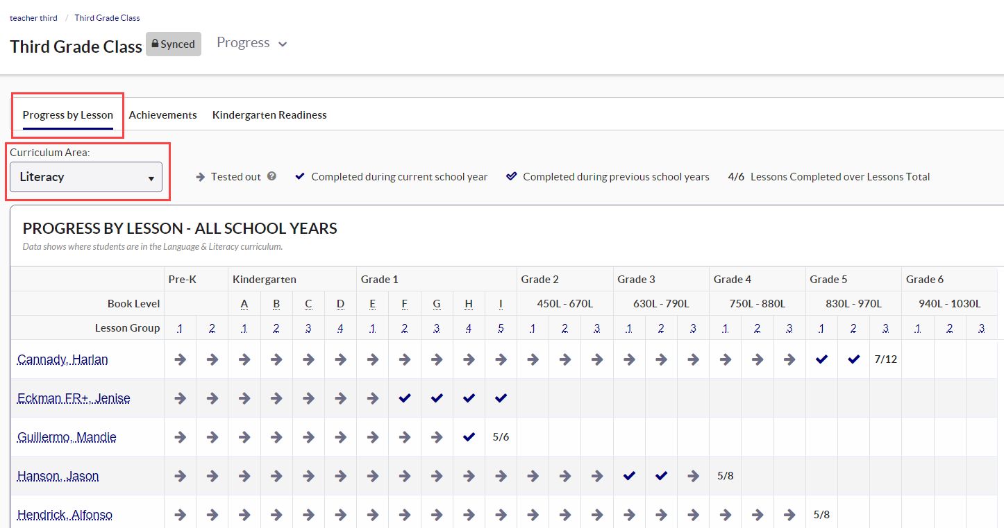 Viewing the Progress by Lesson report in Imagine Language & Literacy ...