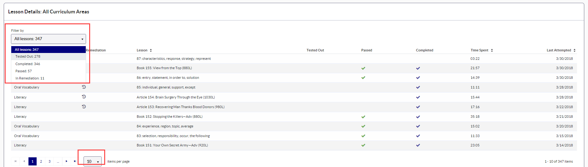 Viewing the Progress by Lesson report in Imagine Language & Literacy ...