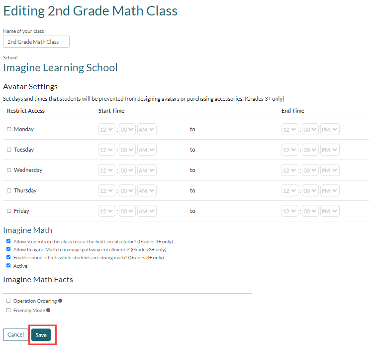 Editing class names/changing class settings in the Imagine Math suite ...