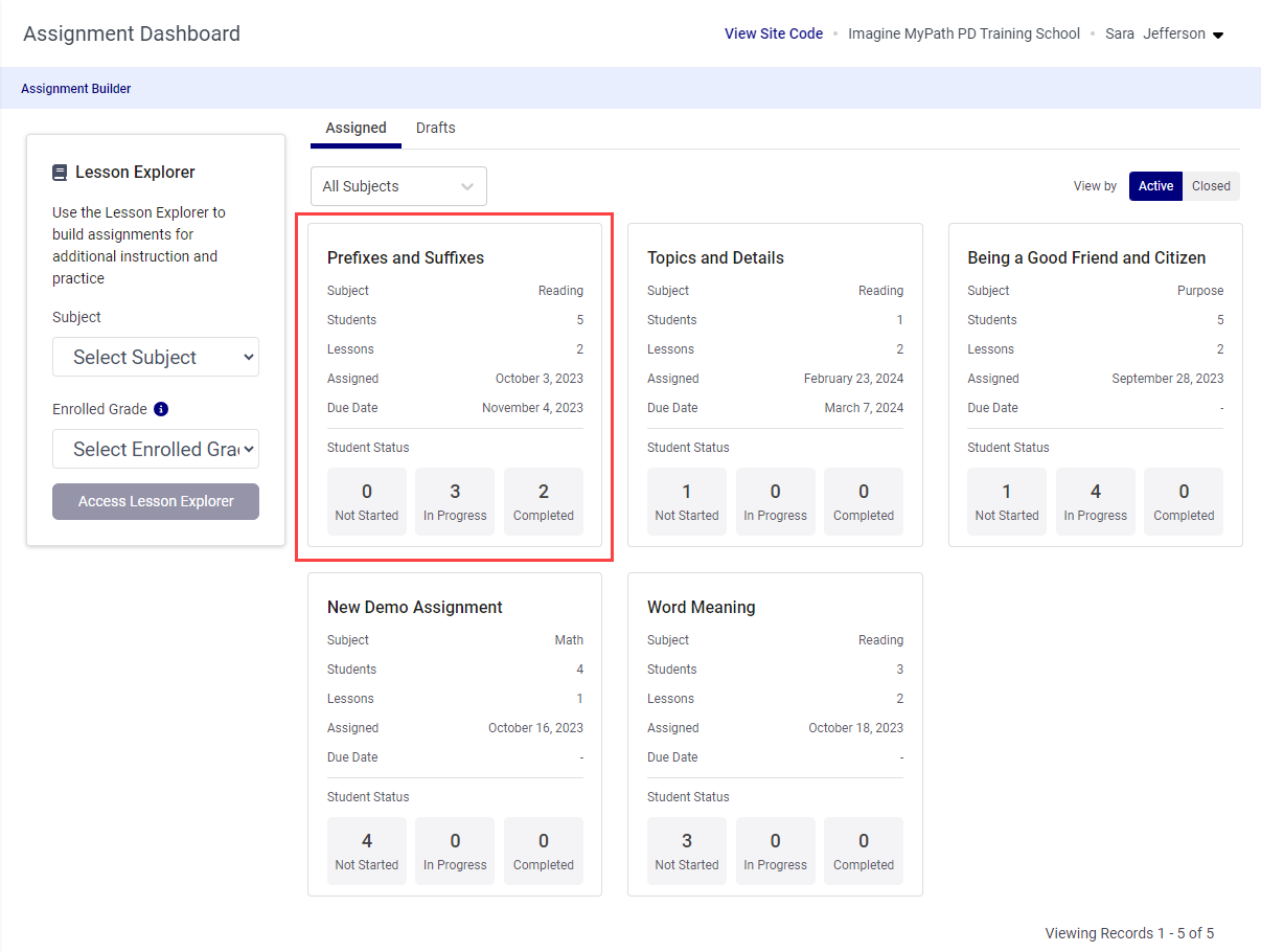 Viewing students' assignment data in Imagine MyPath – Imagine Learning Help Center