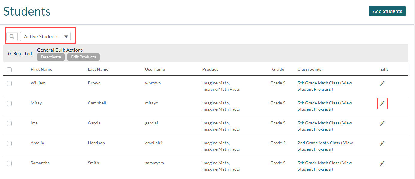 Viewing/editing student account information in the Imagine Math suite ...