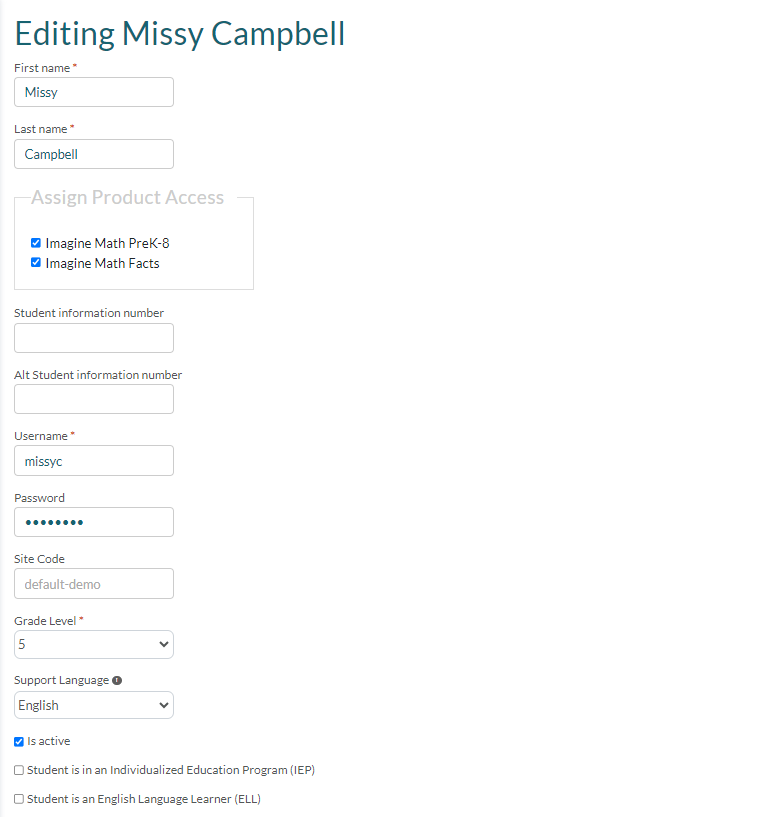 Viewing/editing student account information in the Imagine Math suite ...